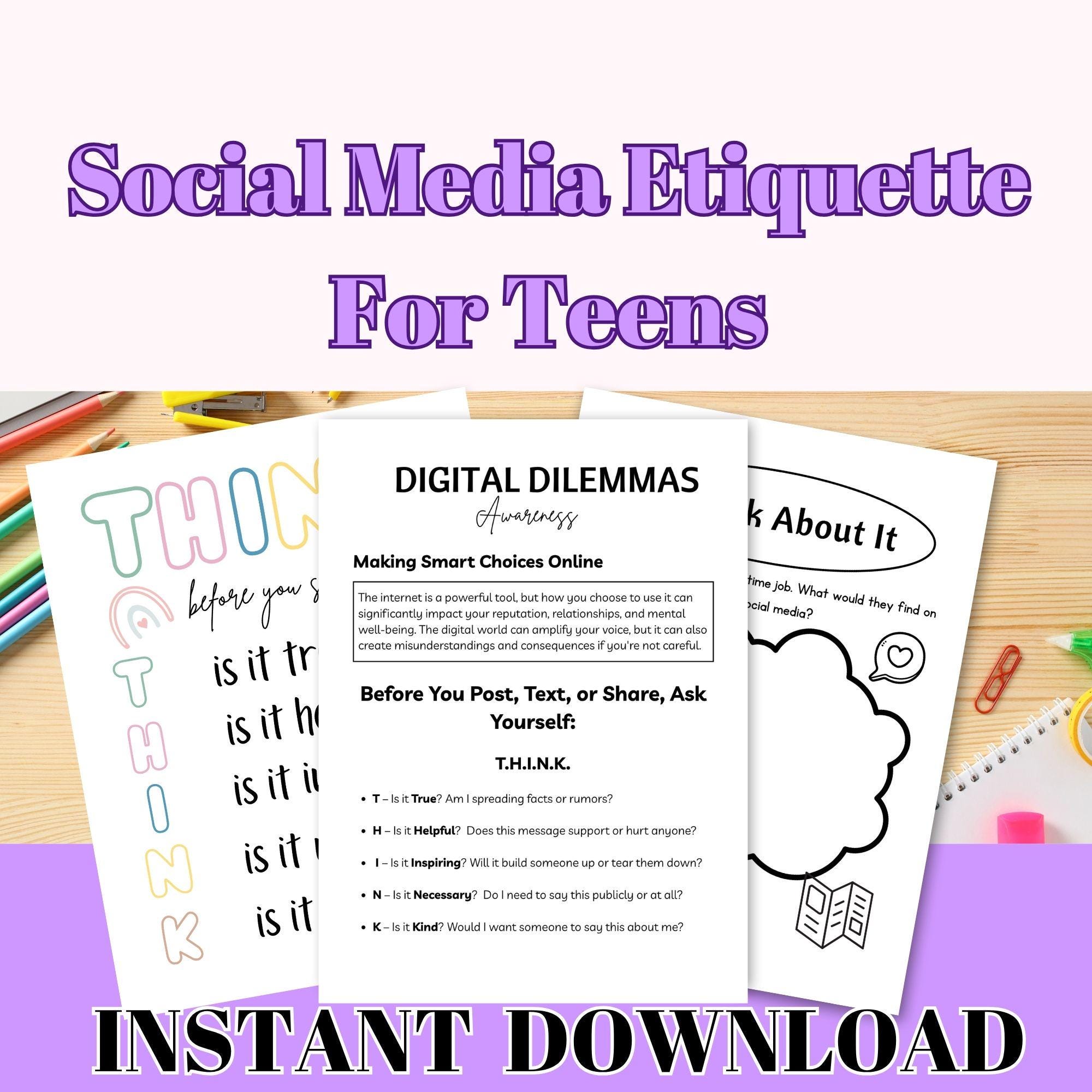 Teen Social Media Safety Worksheets: Cyberbullying, Etiquette (PDF ...