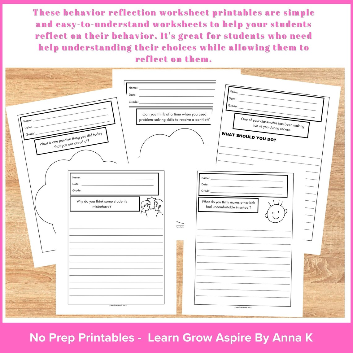 Positive Behavior Intervention Worksheets, Students Behavior Reflection ...