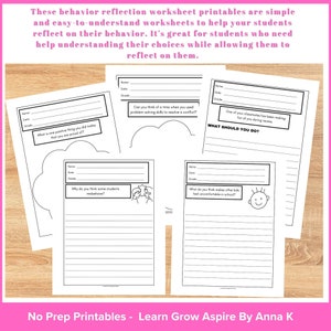Positive Behavior Intervention Worksheets, Students Behavior Reflection ...