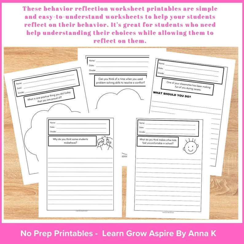 Positive Behavior Intervention Worksheets, Students Behavior Reflection ...