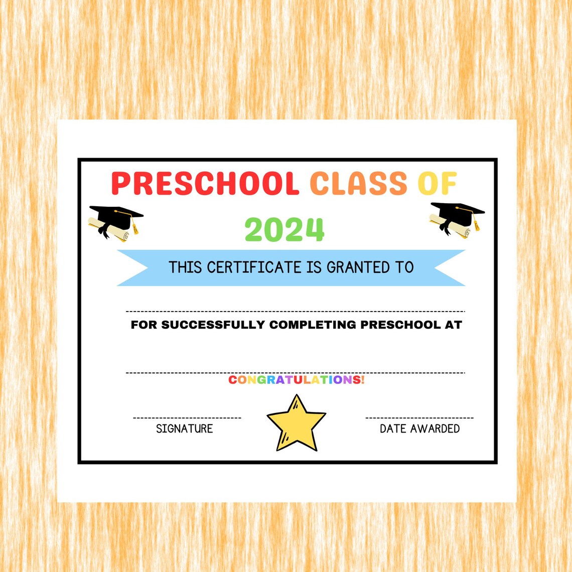 PRESCHOOL Graduation Certificate PRINTABLE, Last Day of Preschool 2024 ...