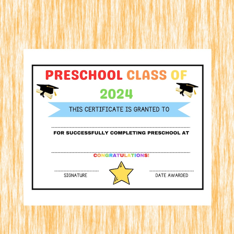 PRESCHOOL Graduation Certificate PRINTABLE, Last Day of Preschool 2024 ...