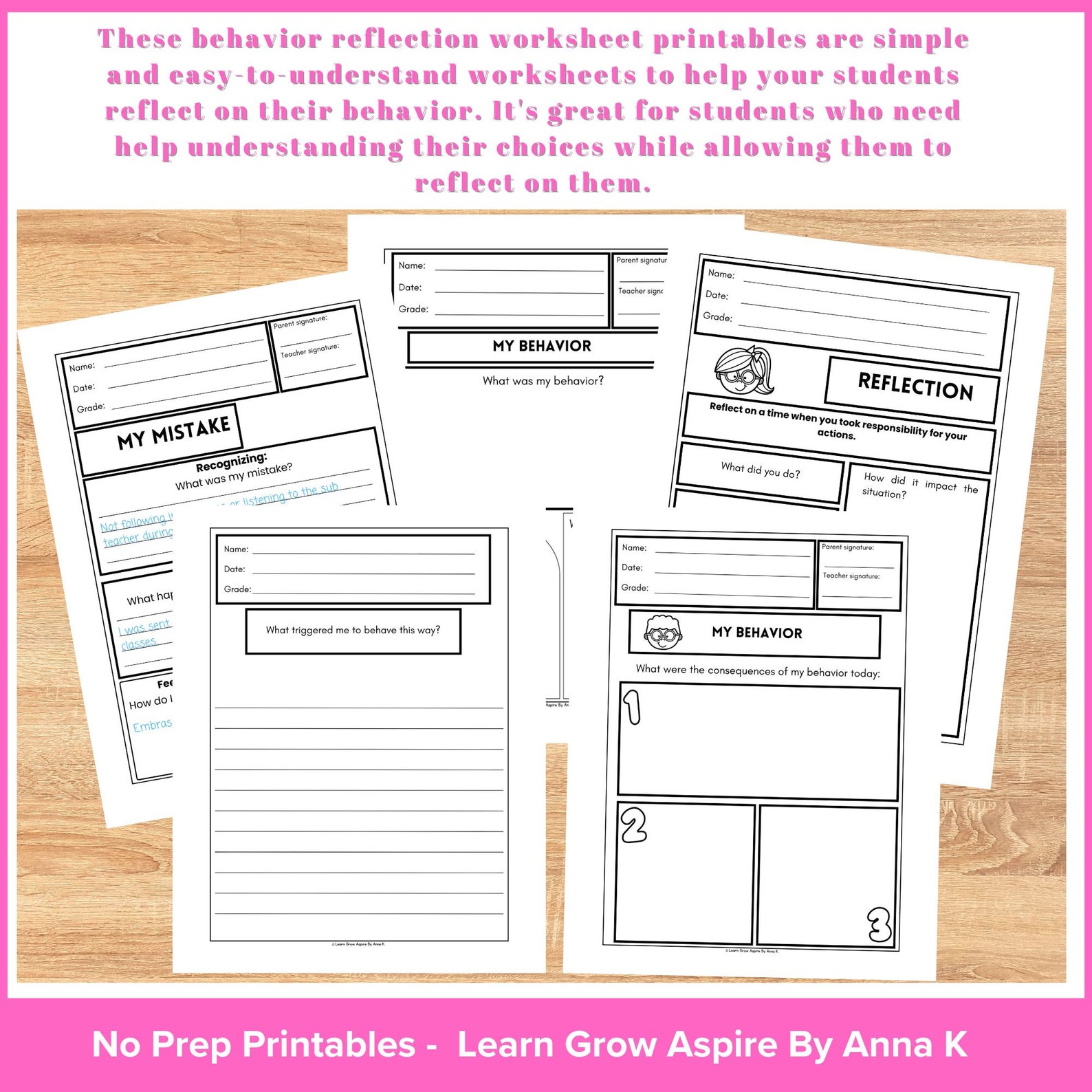 Positive Behavior Intervention Worksheets, Students Behavior Reflection ...