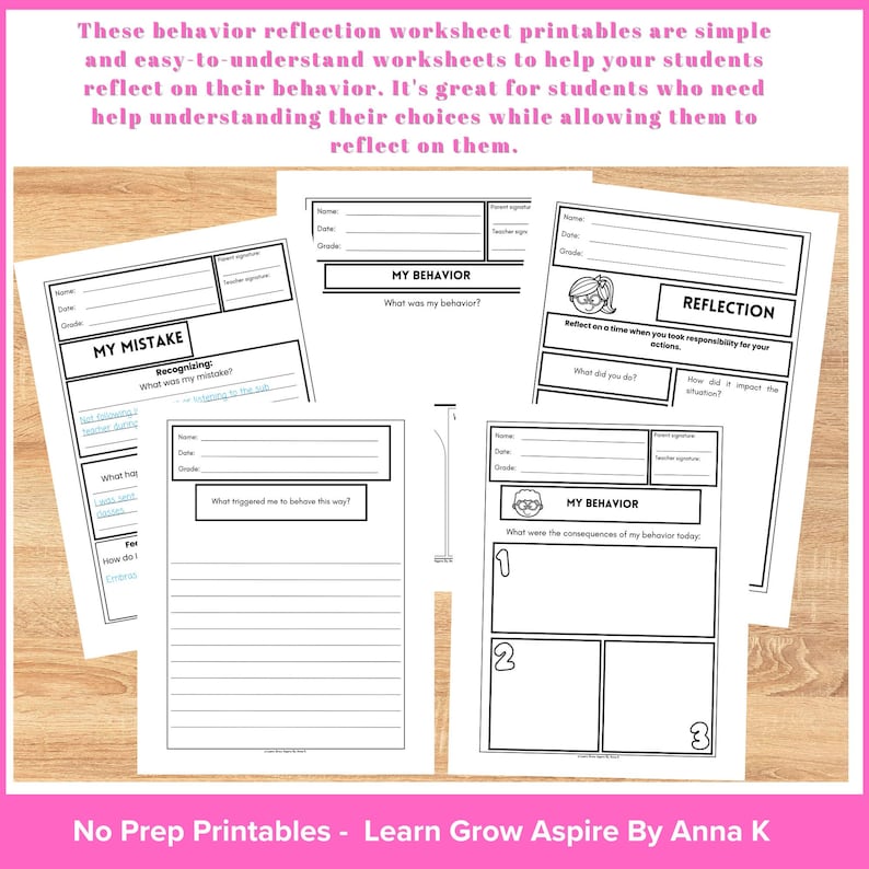 Positive Behavior Intervention Worksheets, Students Behavior Reflection ...
