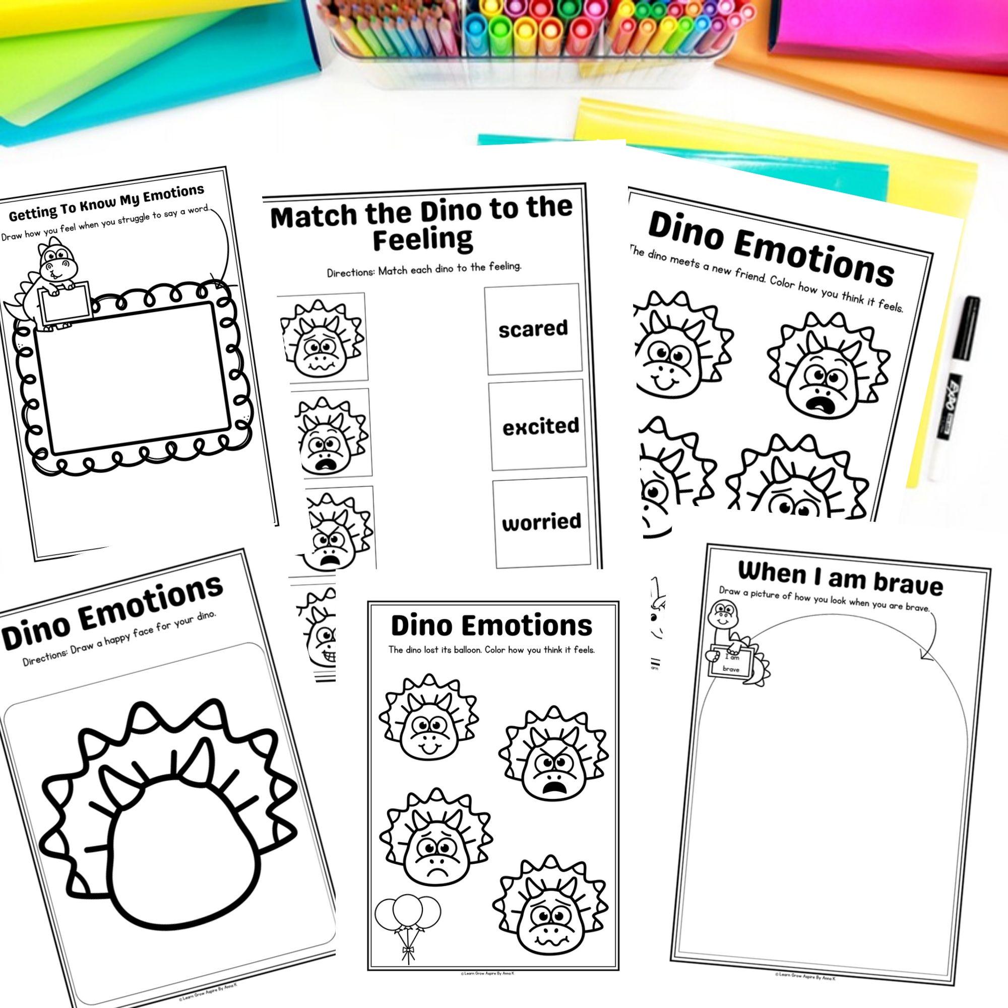Dinosaur Feelings Worksheets for Kids Printable PDF Emotion ...