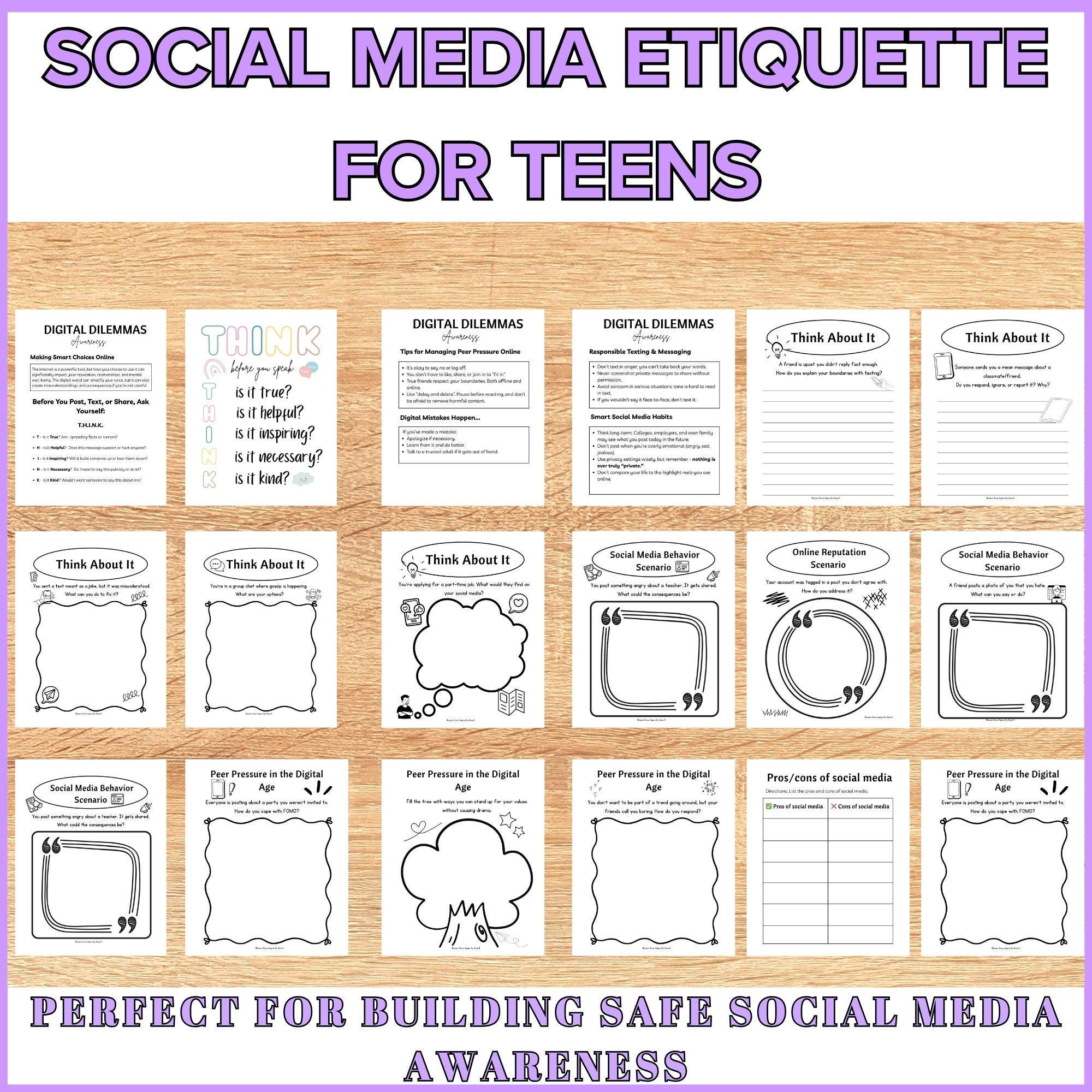 Teen Social Media Safety Worksheets: Cyberbullying, Etiquette (PDF ...