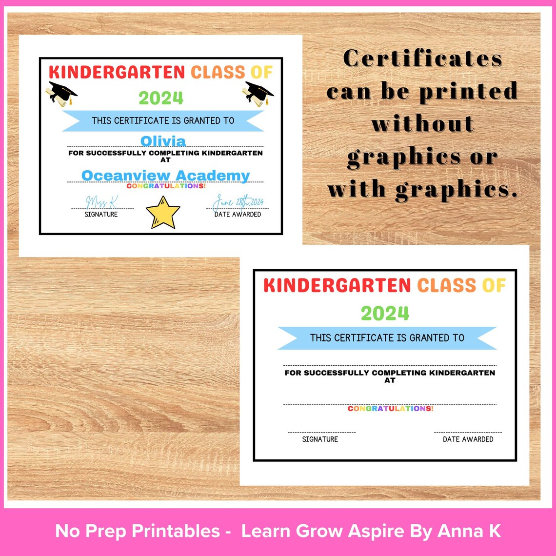 Printable Kindergarten Graduate Certificate, Kindergarten Class of 2024 ...