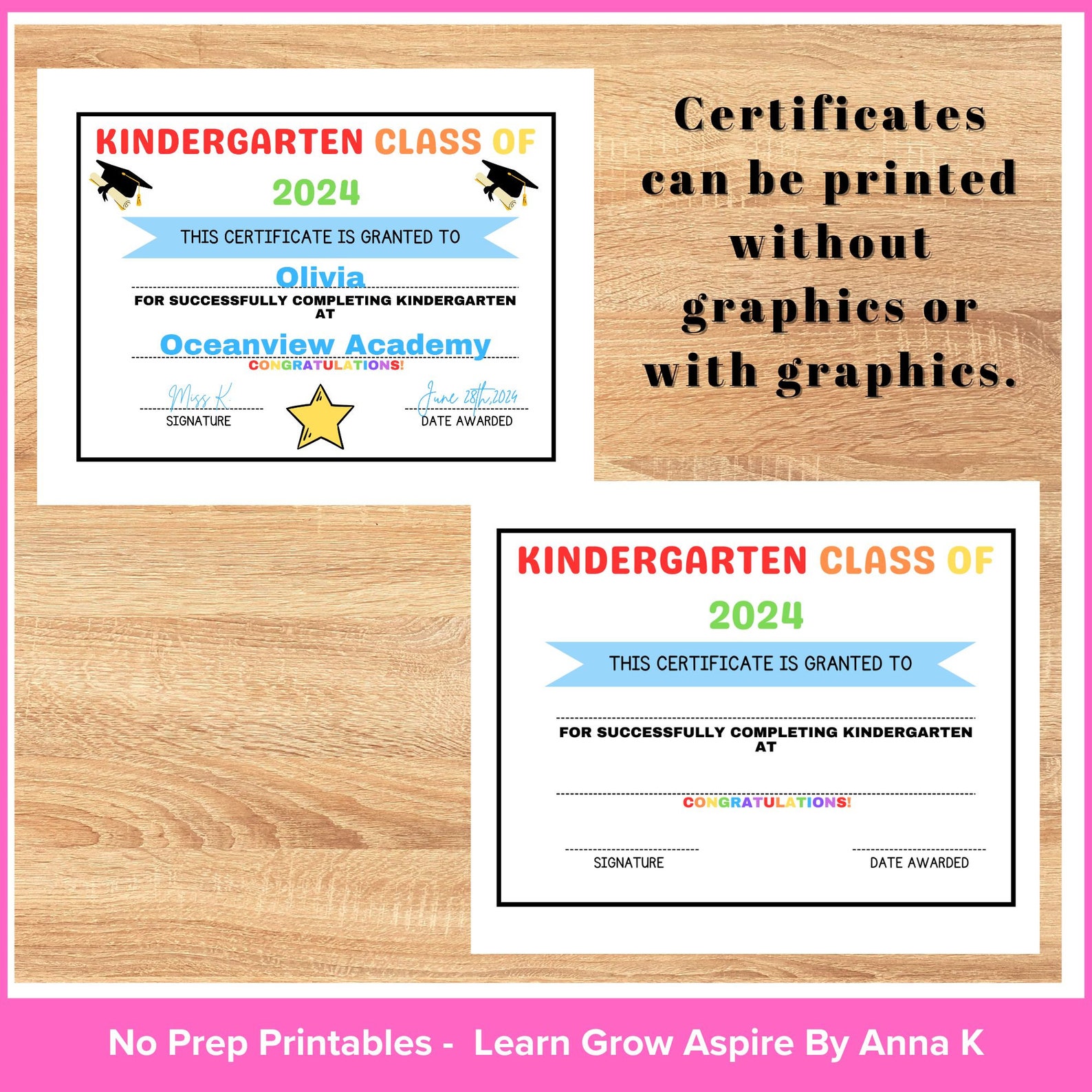 Printable Kindergarten Graduate Certificate, Kindergarten Class of 2024 ...