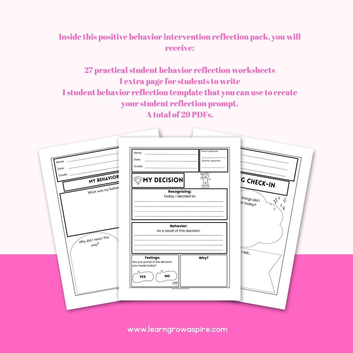 Positive Behavior Intervention Worksheets, Students Behavior Reflection ...