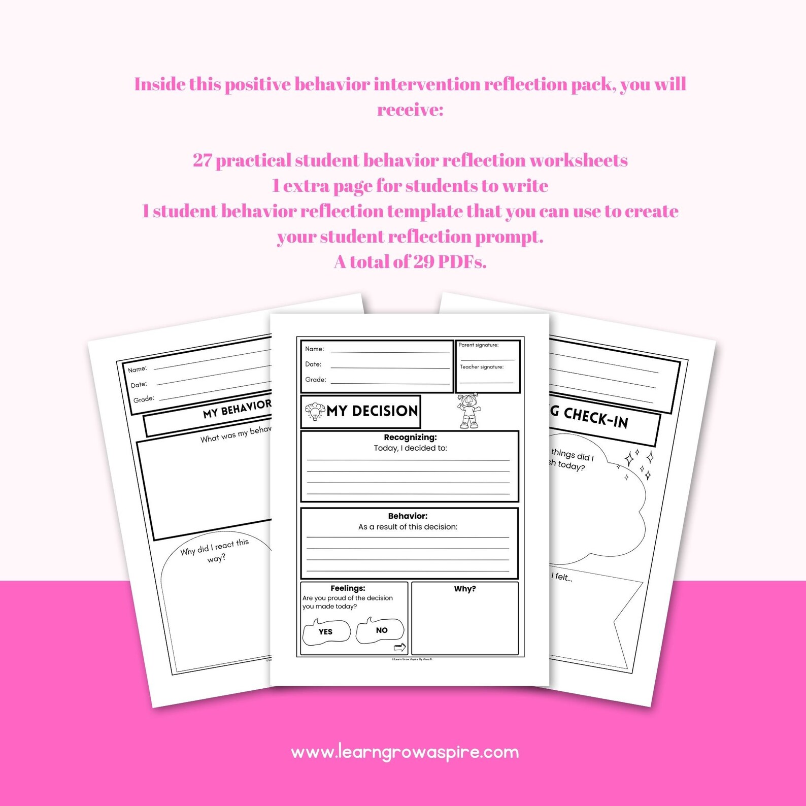 Positive Behavior Intervention Worksheets, Students Behavior Reflection ...