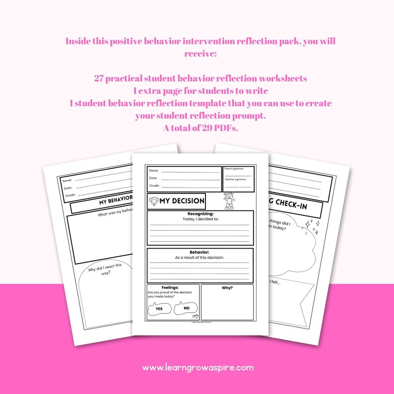 Positive Behavior Intervention Worksheets, Students Behavior Reflection ...
