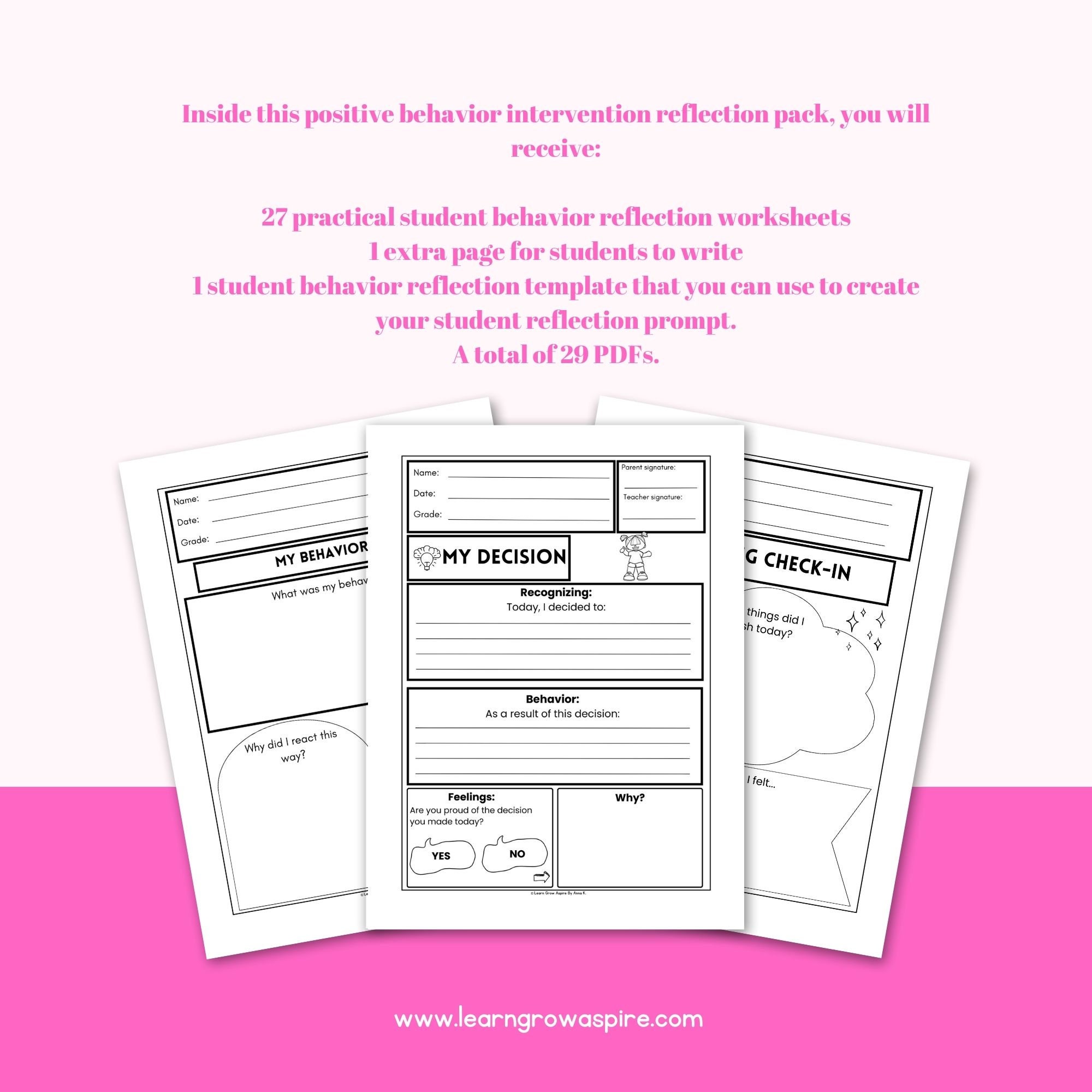 Positive Behavior Intervention Worksheets, Students Behavior Reflection ...