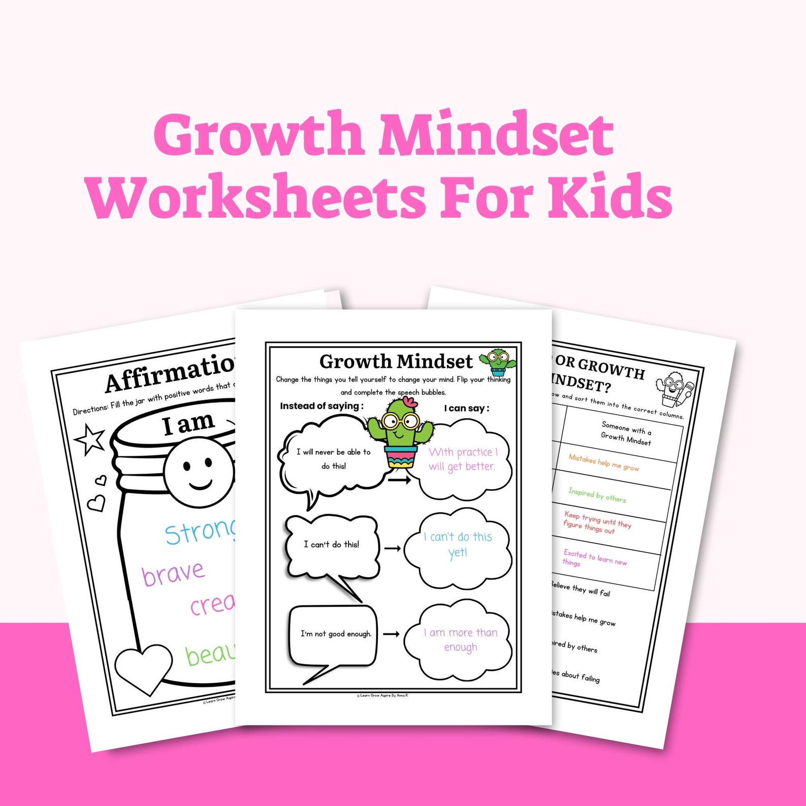 PRINTABLE Growth Mindset Worksheets for Kids, Growth Mindset VS Fixed ...