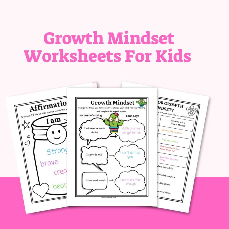 PRINTABLE Growth Mindset Worksheets for Kids, Growth Mindset VS Fixed ...