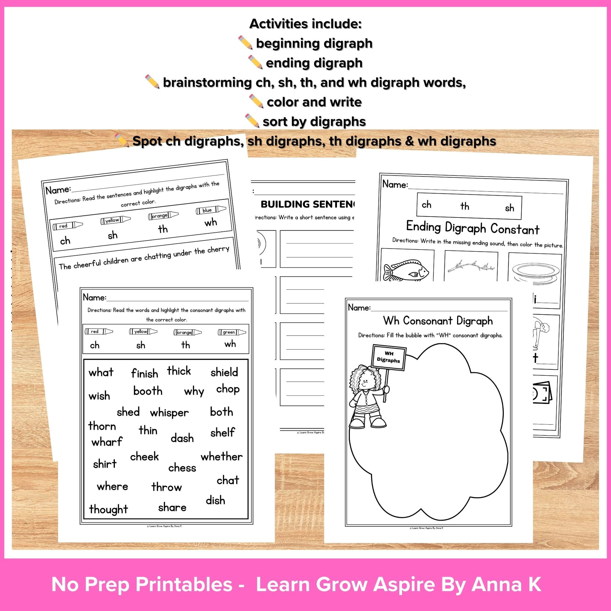 Digraph Worksheets Ch, Sh, Th, Wh Digraph PRINTABLE Worksheets for ...
