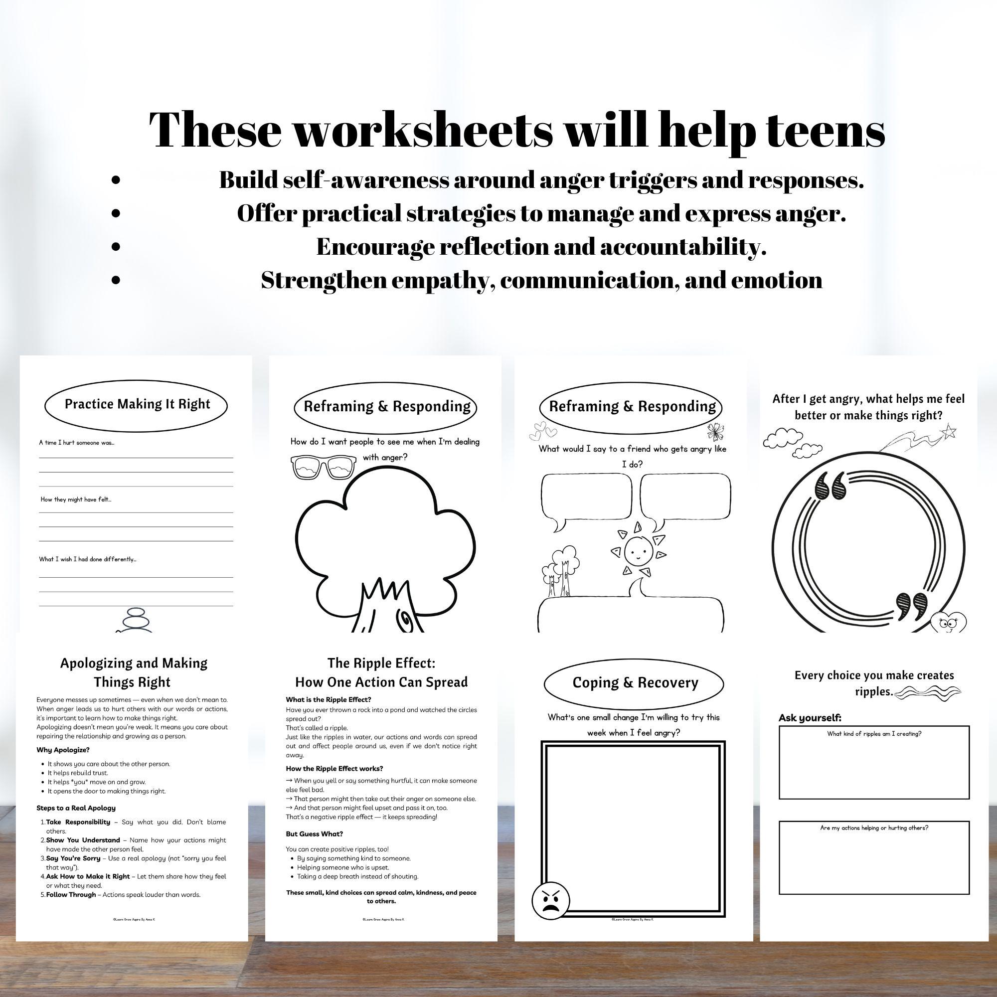 Teen Anger Management Worksheets: Therapy Workbook Bundle (PDF Download ...