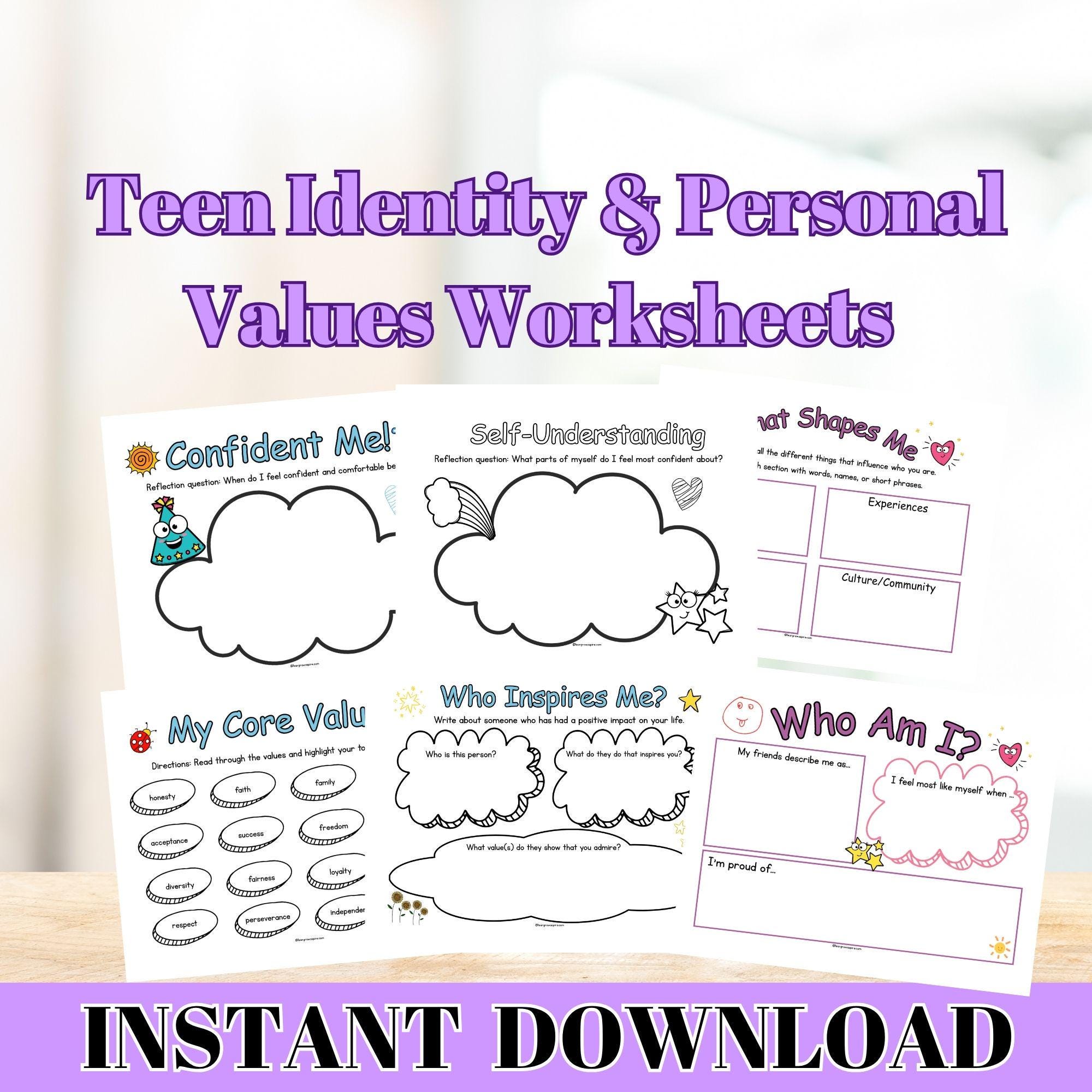 Teen Identity & Personal Values Worksheets for Teens Printable PDF ...