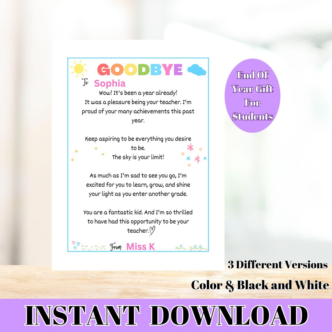 End of Year Teacher Goodbye Letter to Students (PDF) - Etsy
