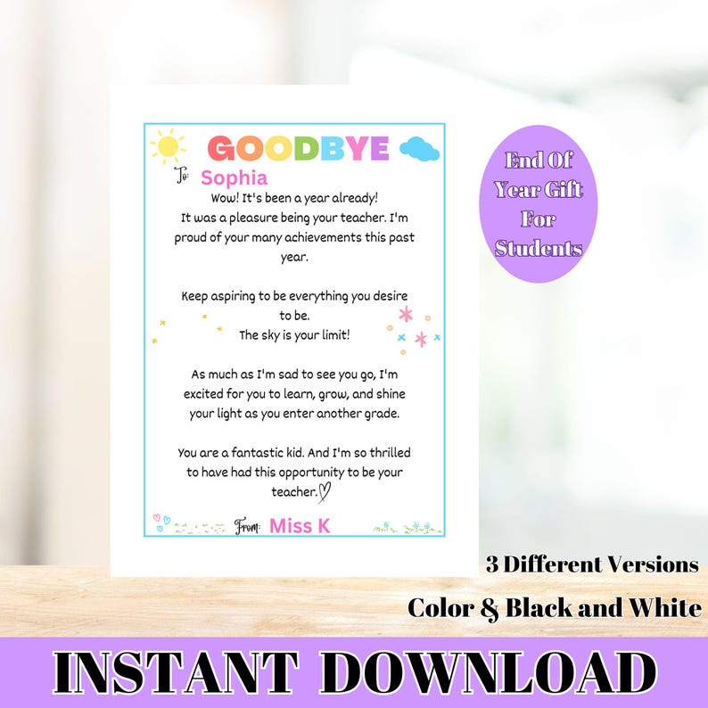 End of Year Teacher Goodbye Letter to Students (PDF) - Etsy