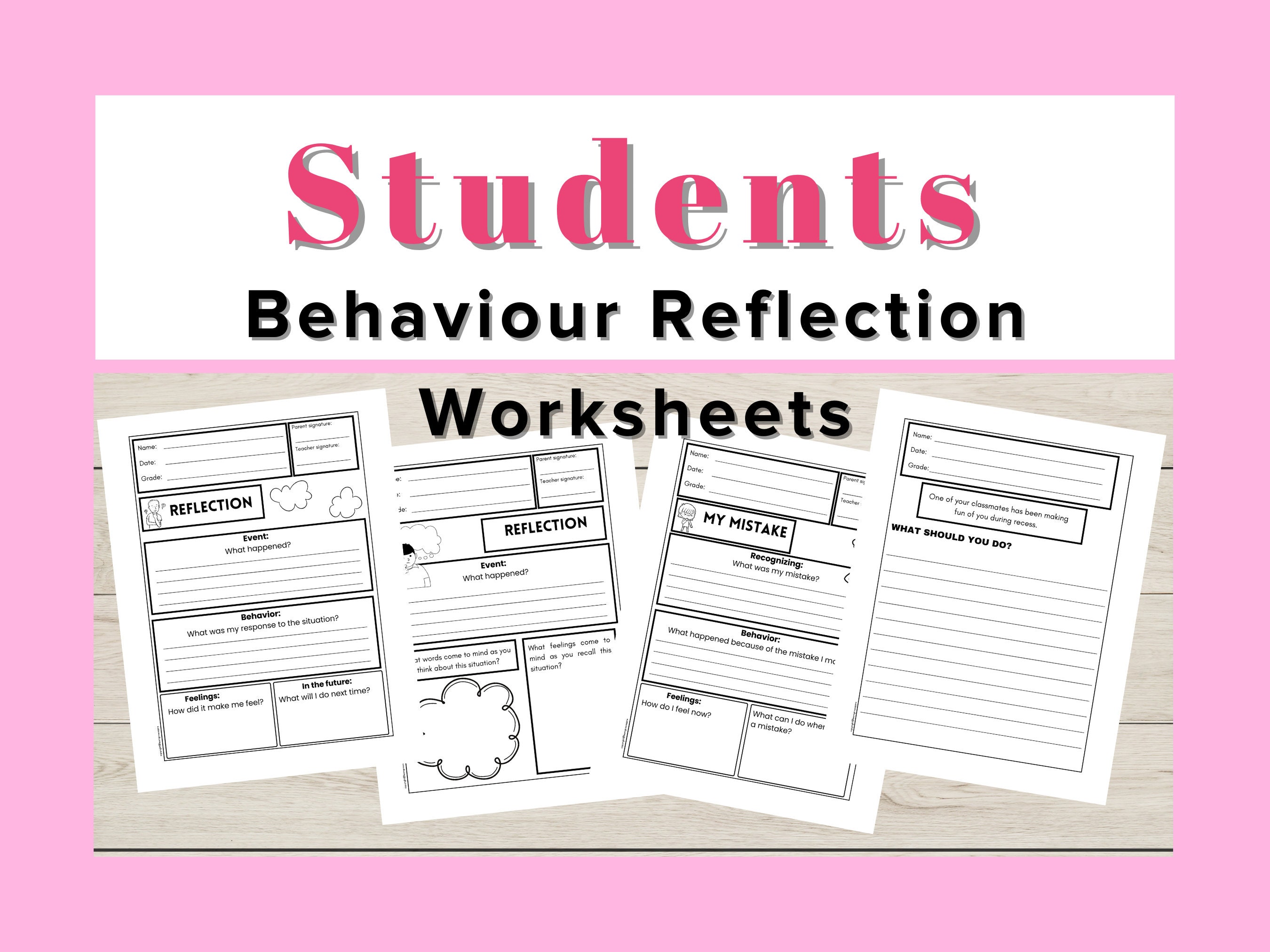 Positive Behavior Intervention Worksheets, Students Behavior Reflection ...