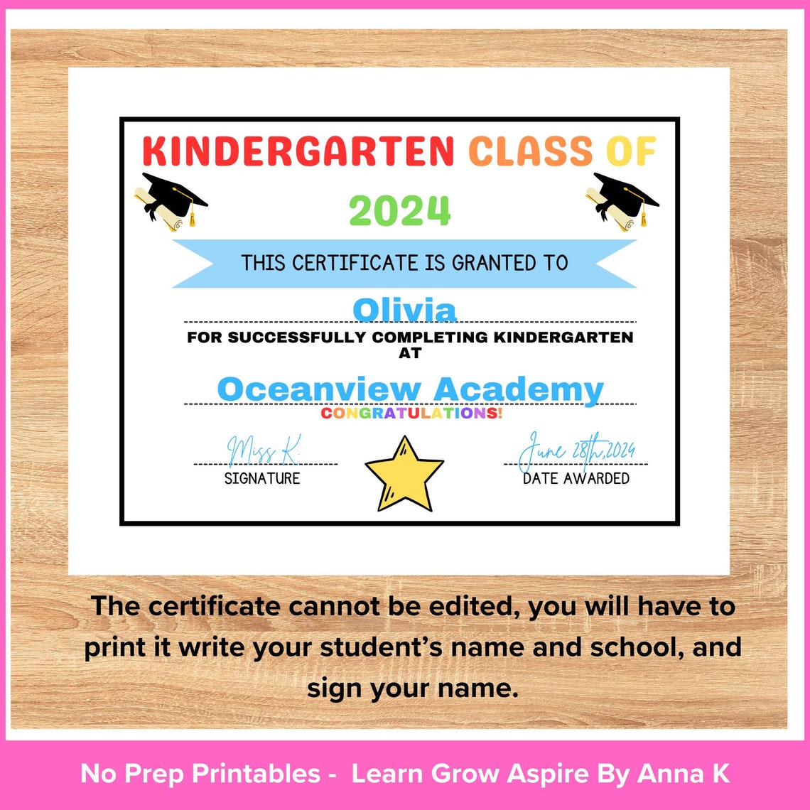 Printable Kindergarten Graduate Certificate, Kindergarten Class of 2024 ...