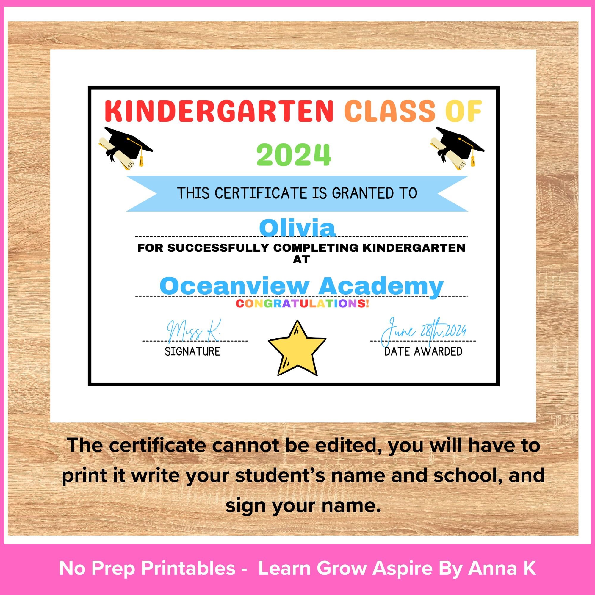 Printable Kindergarten Graduate Certificate, Kindergarten Class of 2024 ...