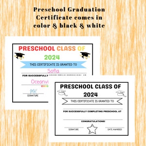 PRESCHOOL Graduation Certificate PRINTABLE, Last Day of Preschool 2024 ...