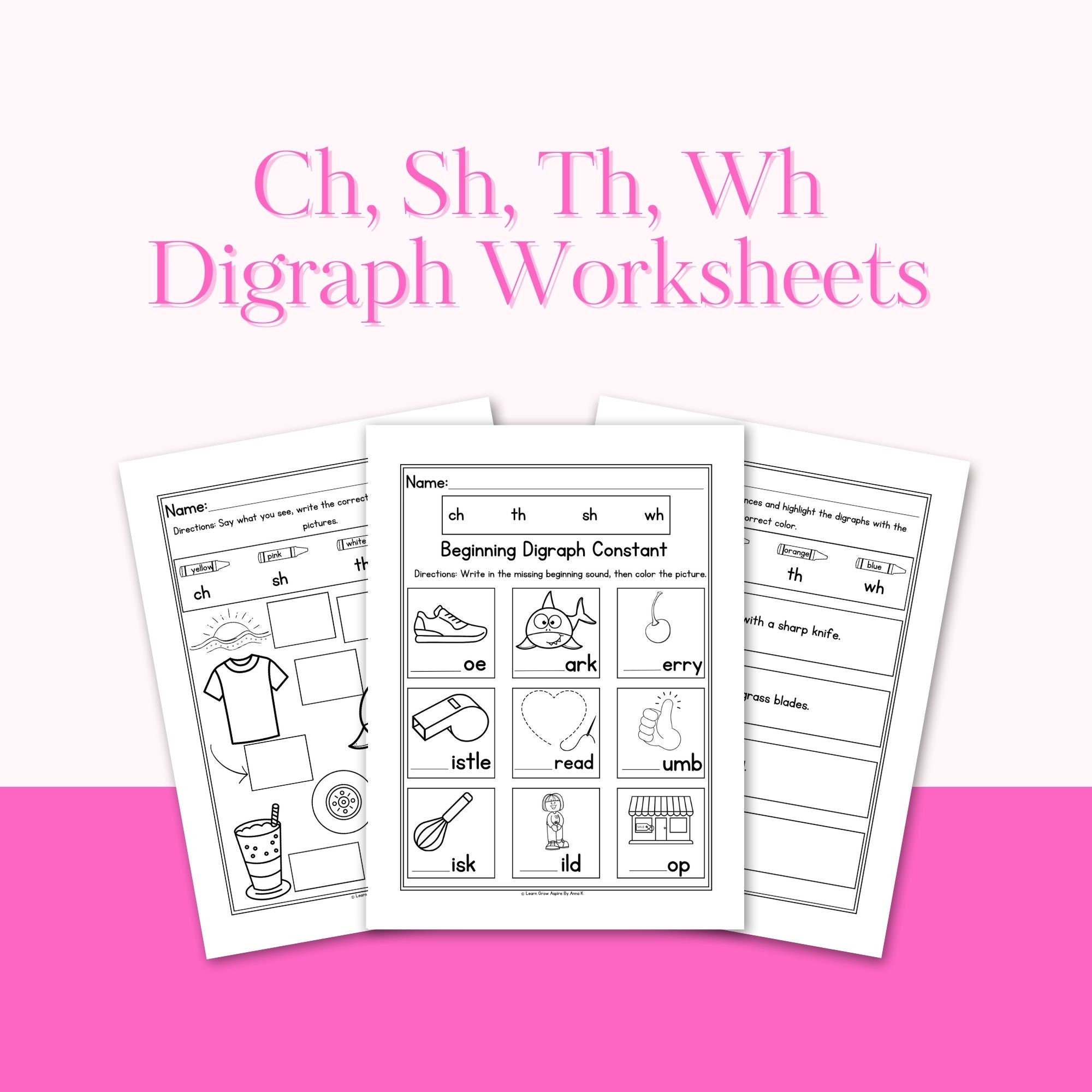 Digraph Worksheets Ch, Sh, Th, Wh Digraph PRINTABLE Worksheets for ...