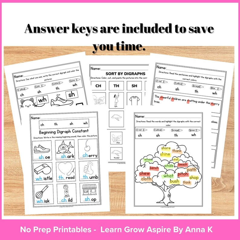 Digraph Worksheets Ch, Sh, Th, Wh Digraph PRINTABLE Worksheets for Kindergarten, First Grades ...