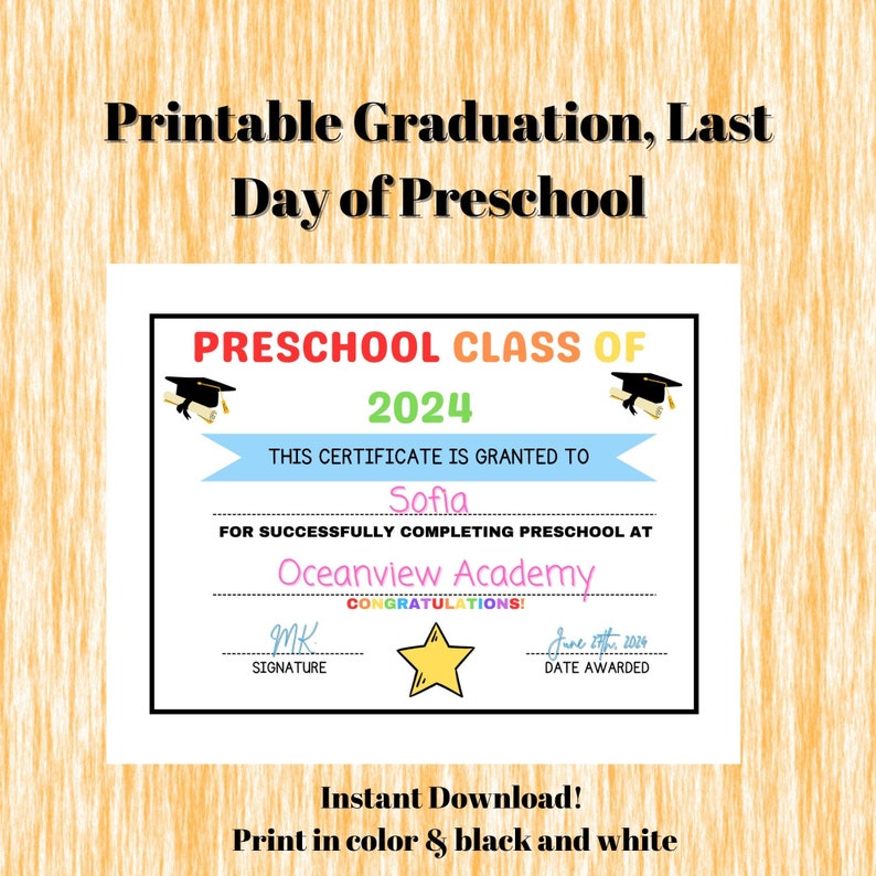 PRESCHOOL Graduation Certificate PRINTABLE, Last Day of Preschool 2024 ...