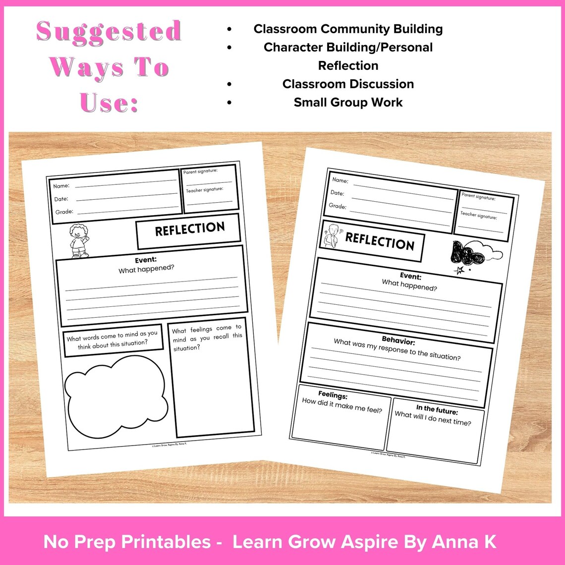 Positive Behavior Intervention Worksheets, Students Behavior Reflection ...