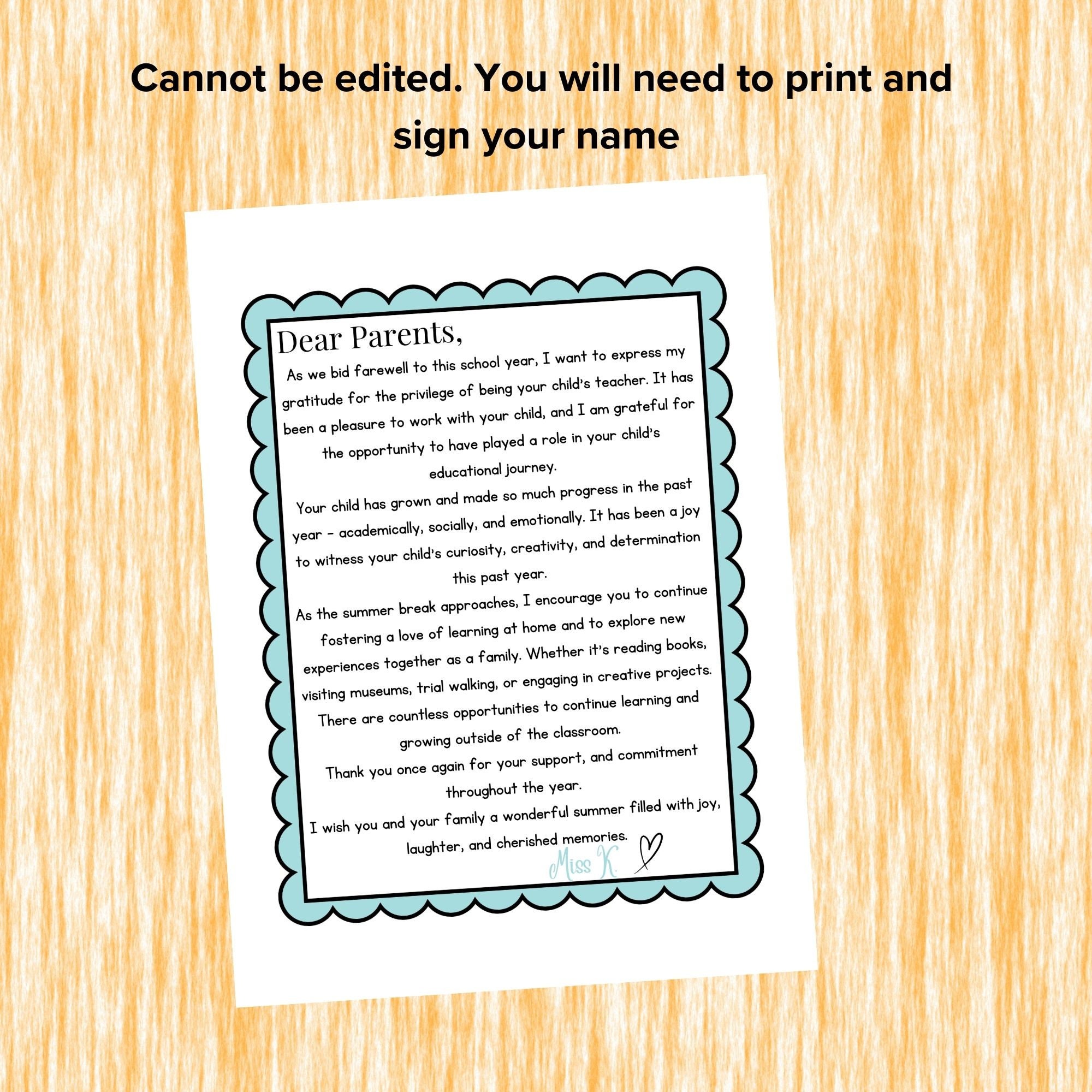 End of Year Teacher Thank You Letter to Parents (printable) - Etsy