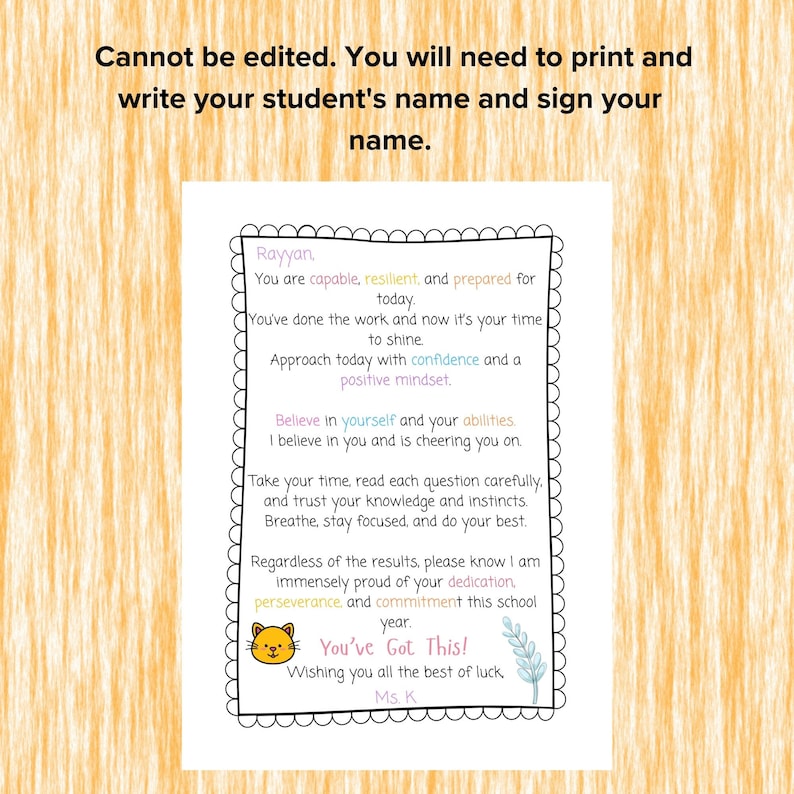 State Testing Encouragement Letter, Student Motivation Note on Test Day ...