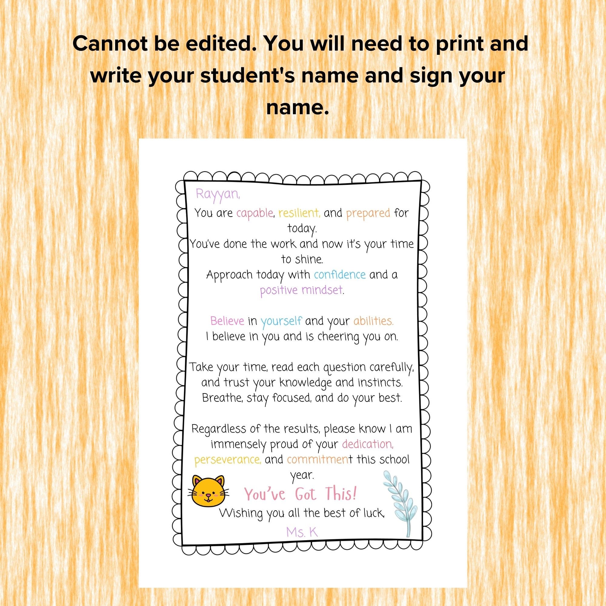 State Testing Encouragement Letter: Teacher to Student Motivation ...