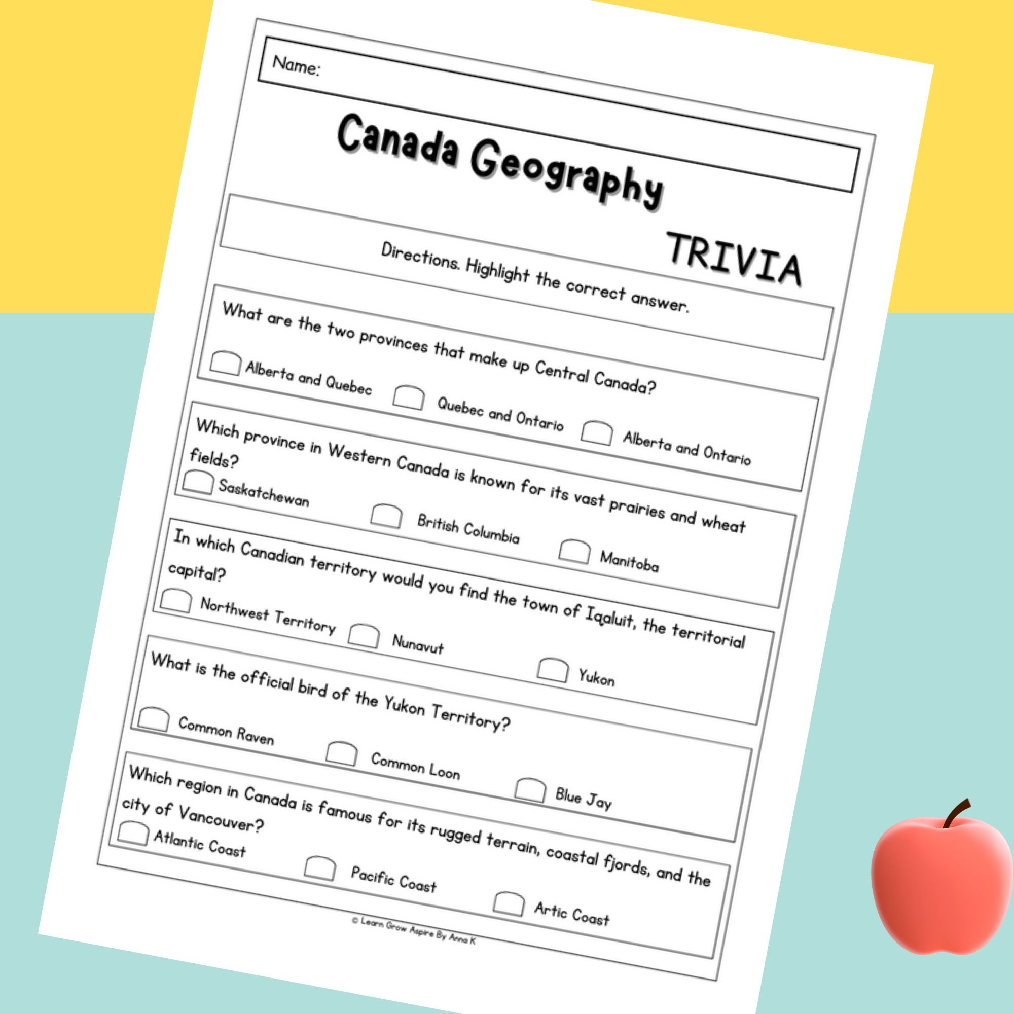 Canadian Geography Worksheets for Kids, Canadian Geography Trivia ...
