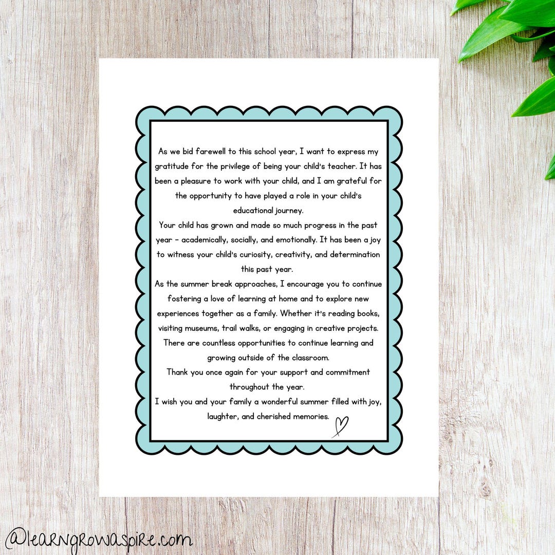 Thank You Letter From Teacher to Parents, Teacher Parent Letter End of ...