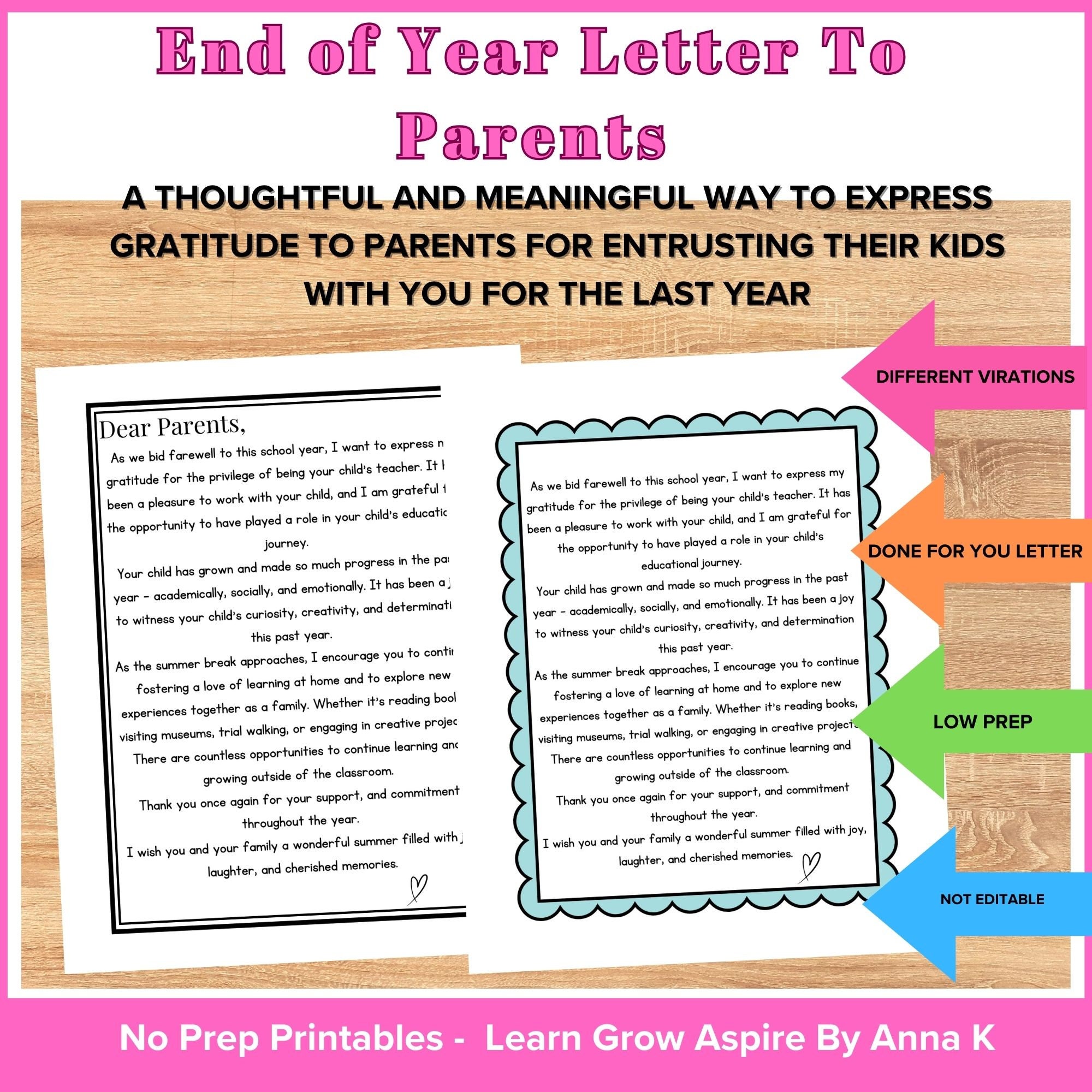 Thank You Letter From Teacher to Parents, Teacher Parent Letter End of ...