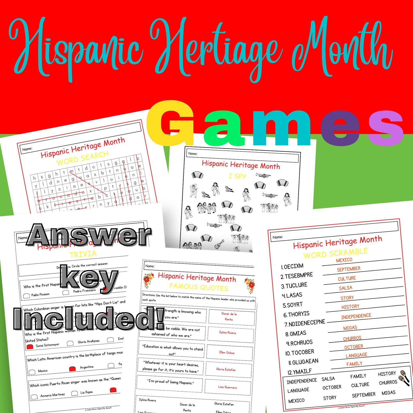 Hispanic Heritage Month Activities: Trivia, Word Search, I Spy ...
