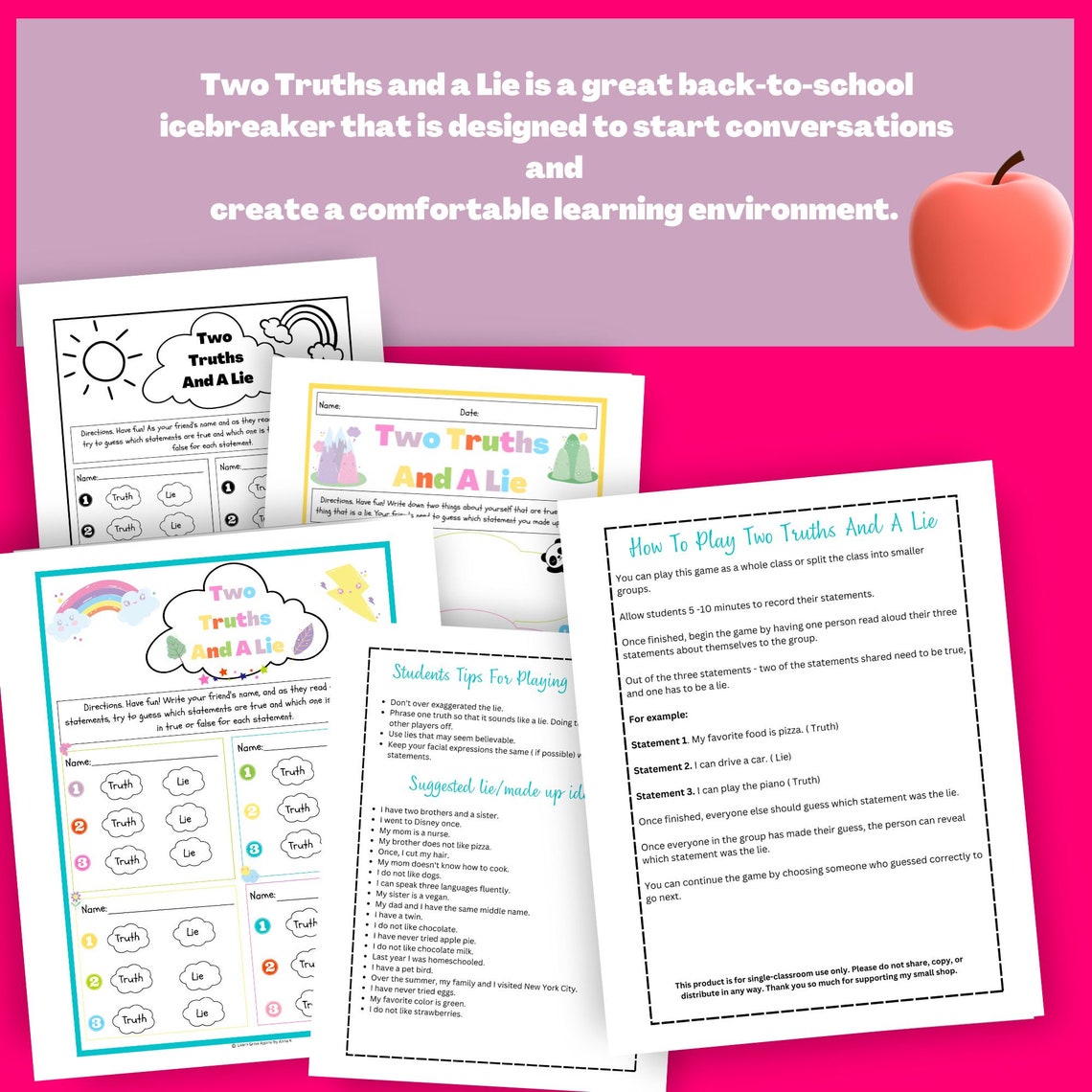 Two Truths and A Lie Game Back to School Icebreaker First - Etsy Canada
