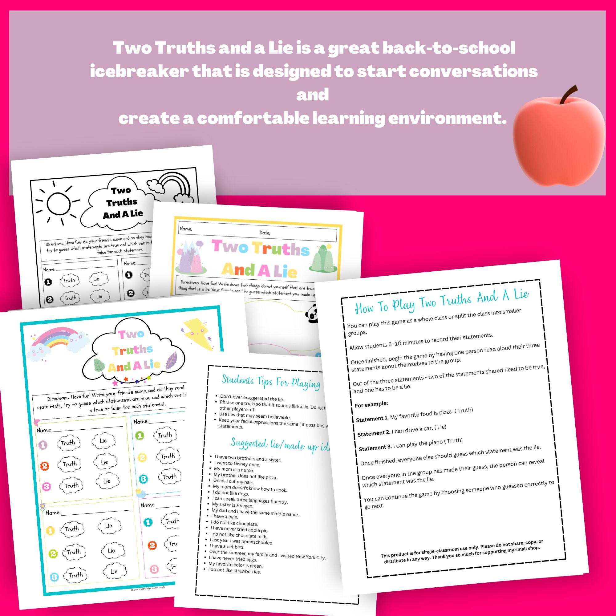 Two Truths and A Lie Game, Back to School Icebreaker, First Week of ...
