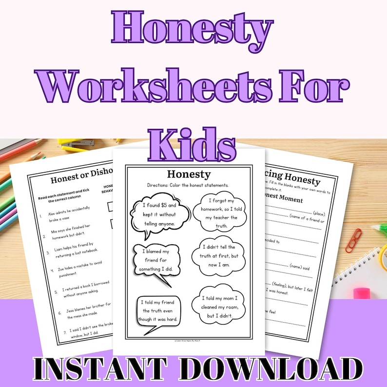 Honesty Worksheets for Kids Printable PDF - Etsy