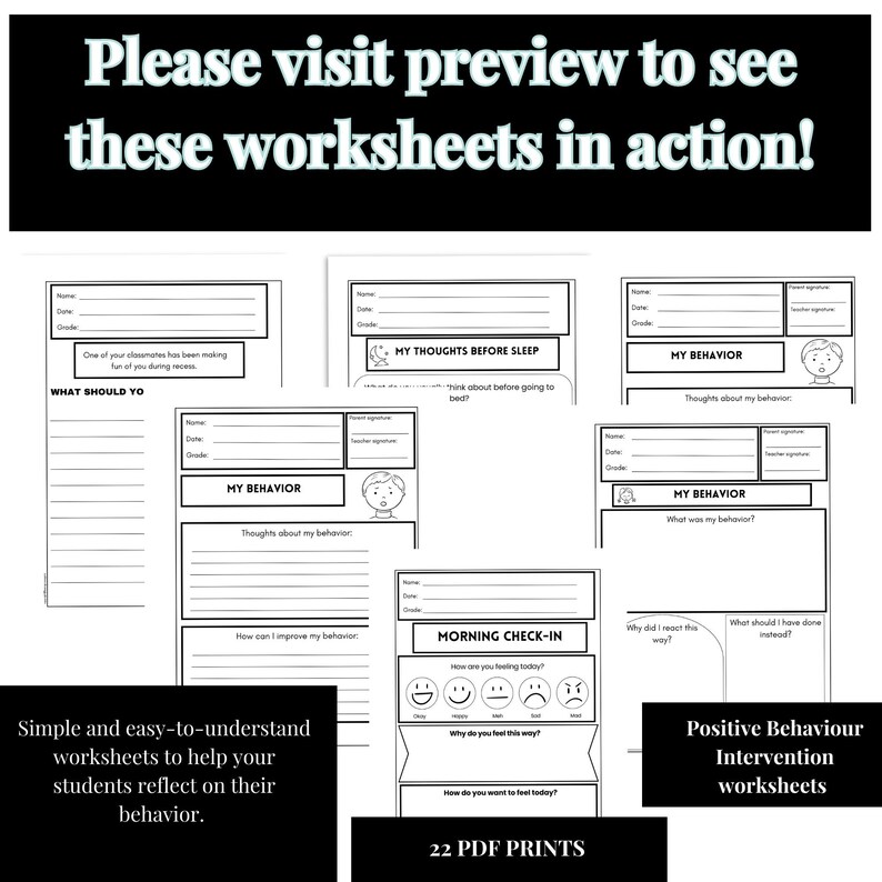 Positive Behavior Intervention Worksheets, Students Behavior Reflection ...
