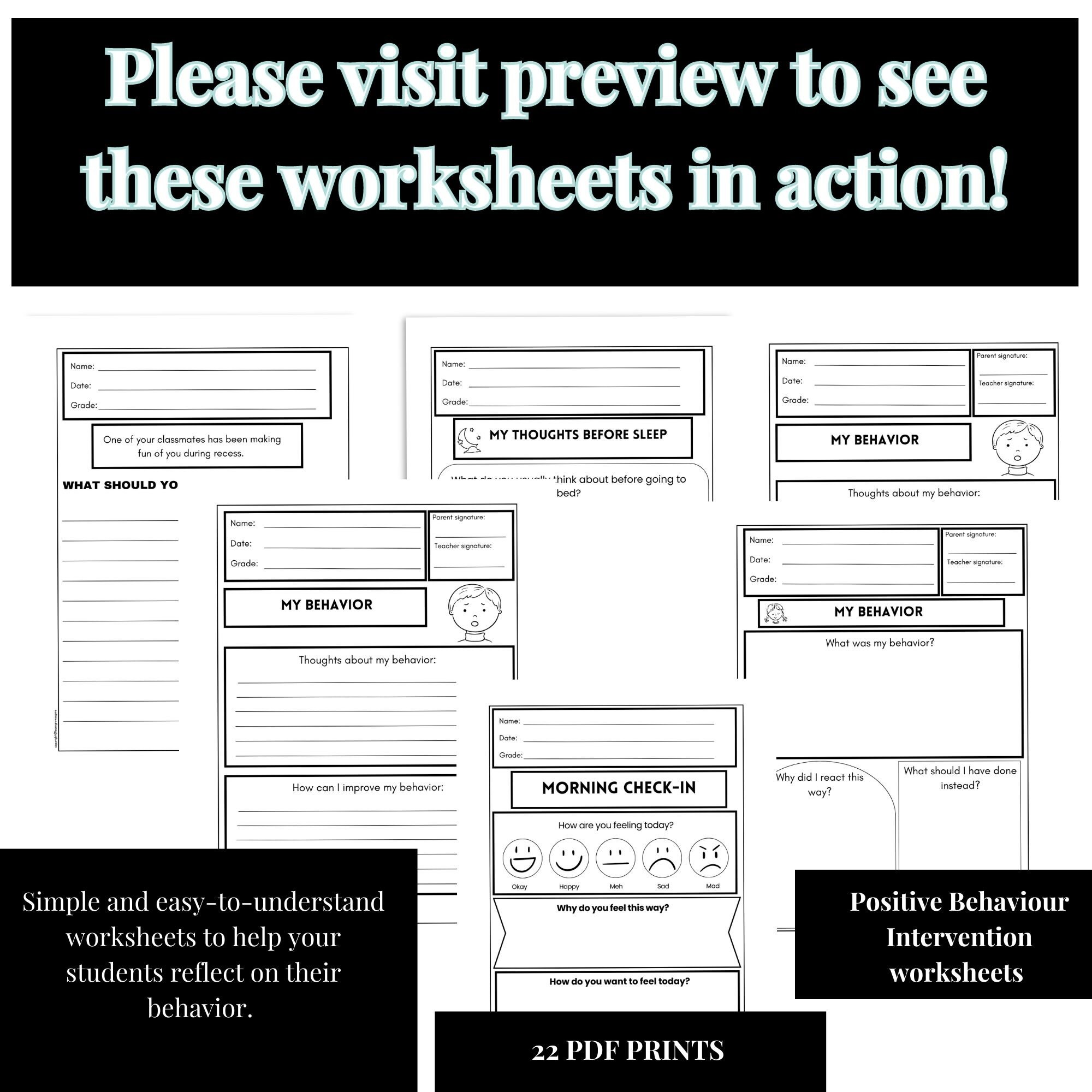 Positive Behavior Intervention Worksheets, Students Behavior Reflection ...