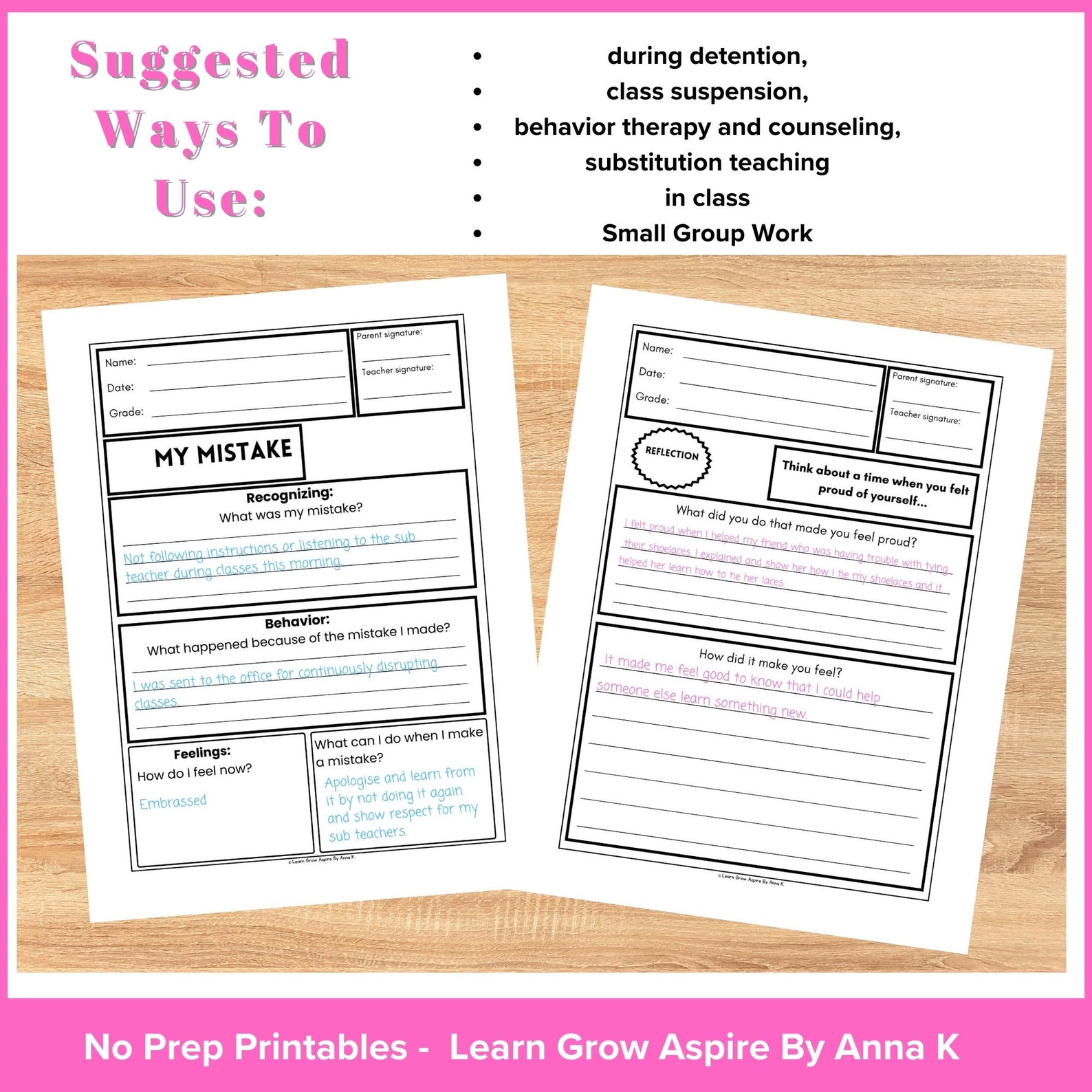 Positive Behavior Intervention Worksheets, Students Behavior Reflection ...