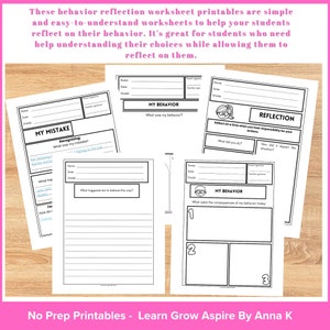 Positive Behavior Intervention Worksheets, Students Behavior Reflection ...