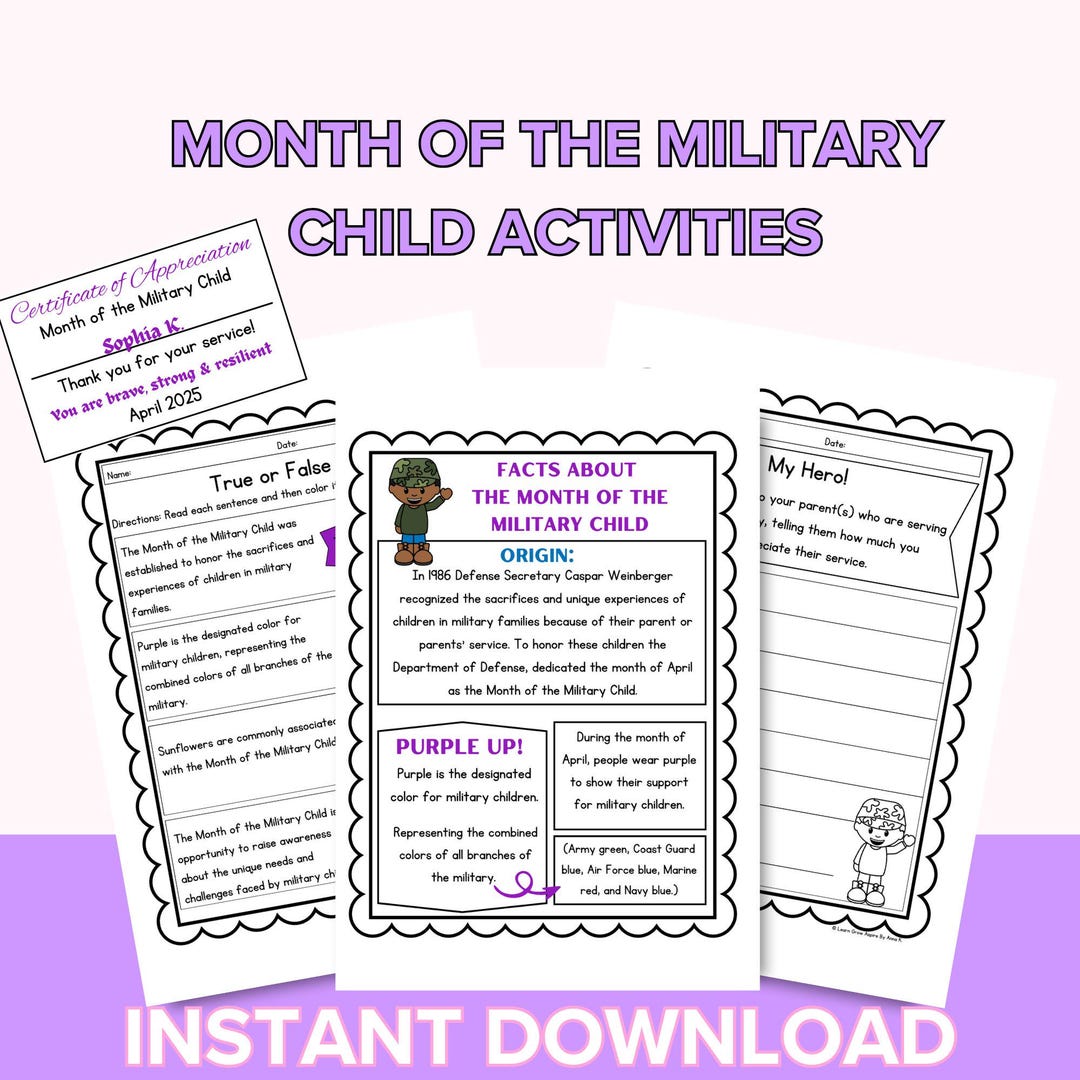 Month of the Military Child Printable Activities for Kids, Purple up ...