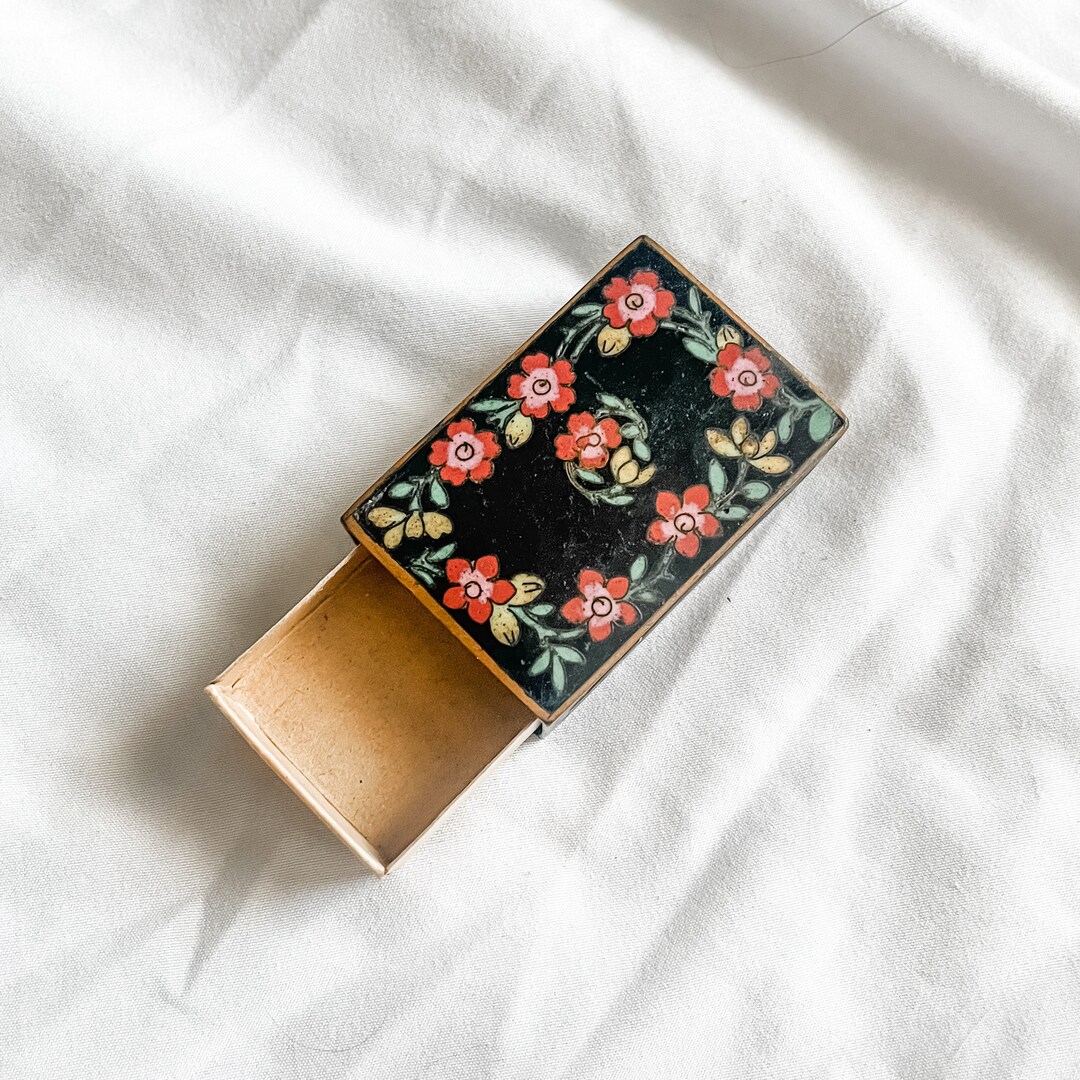 50s Metal Match Box With Black and Red Enamel Flower Details / - Etsy