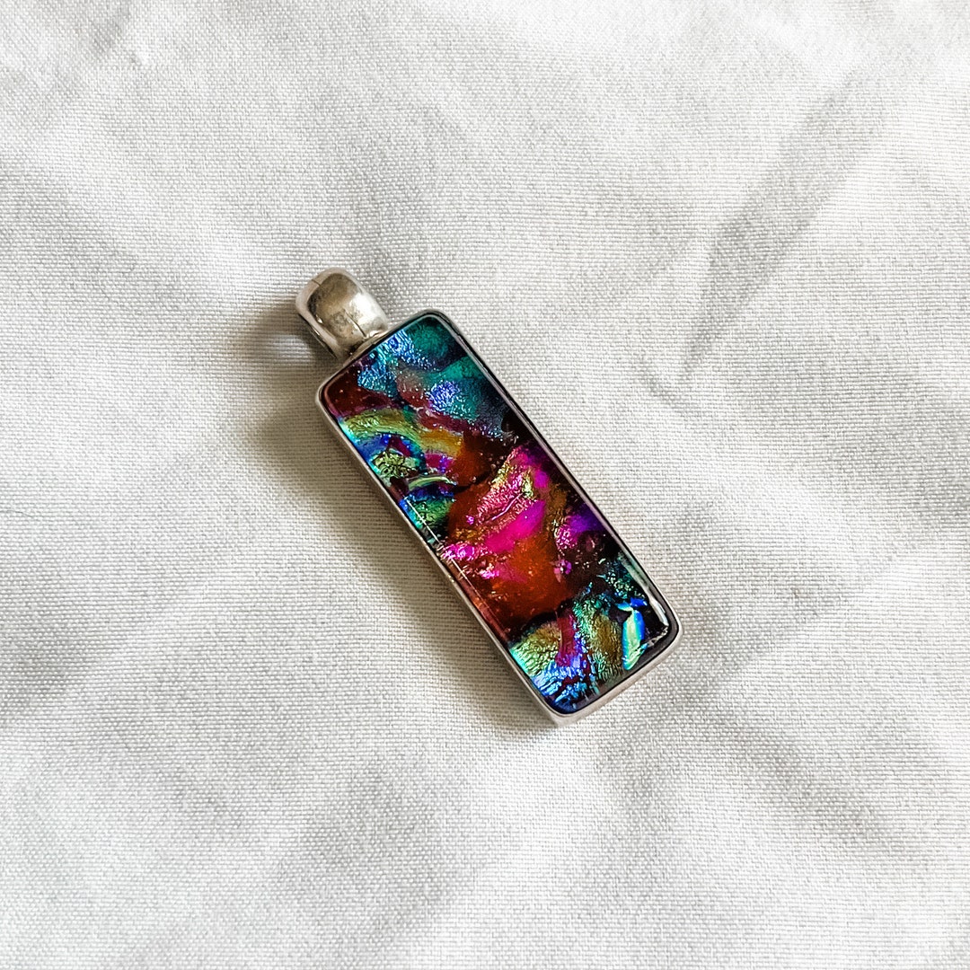 90s Rectangle Rainbow Glass Shape Sterling Silver Pendant / Handblown ...