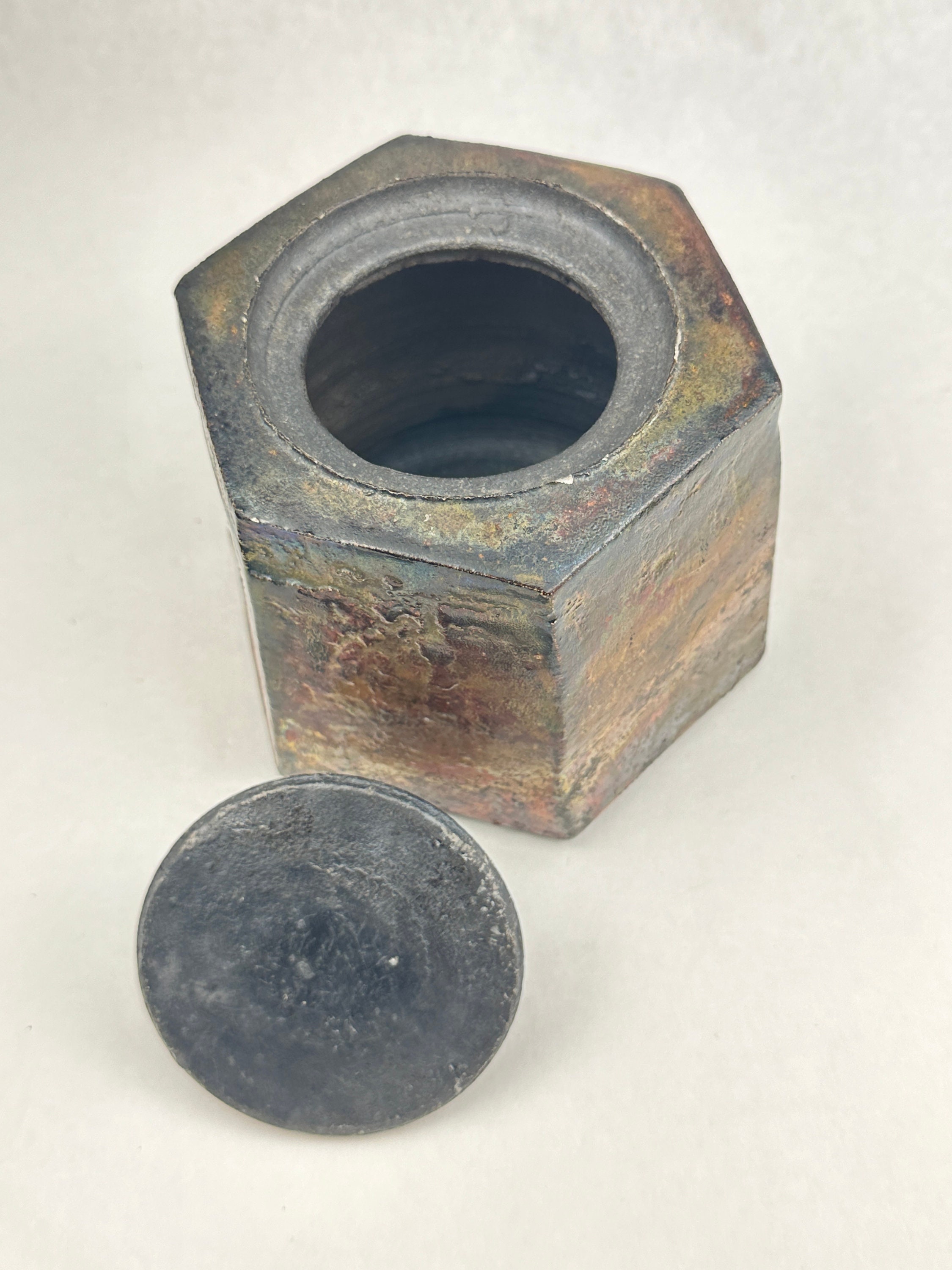 Don Hanson Studio Art Pottery Lidded Box Creamy White & Metallic Silver ...