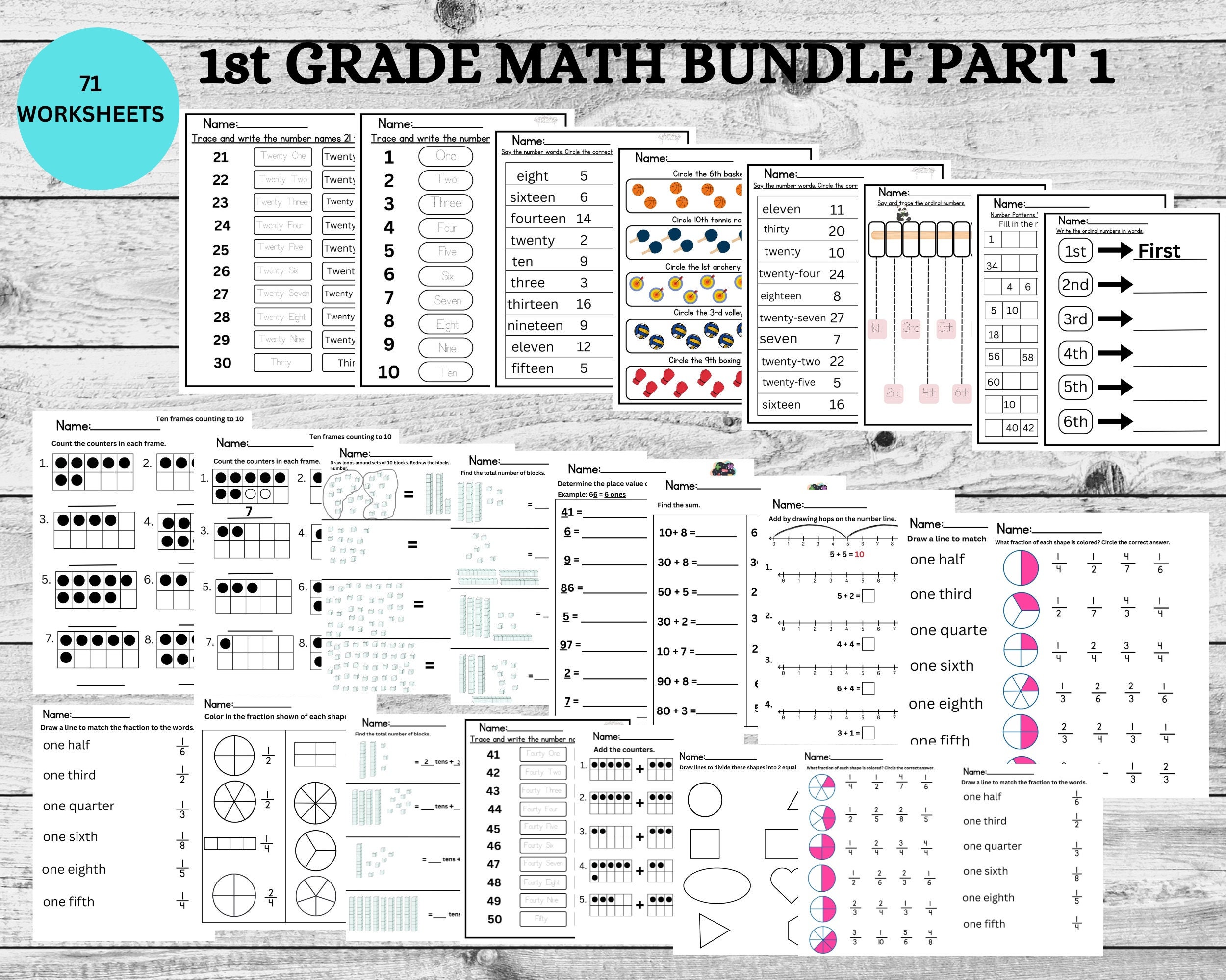 1st Grade Math Worksheets|ordinal Numbers|fractions|base 10 Numbers ...
